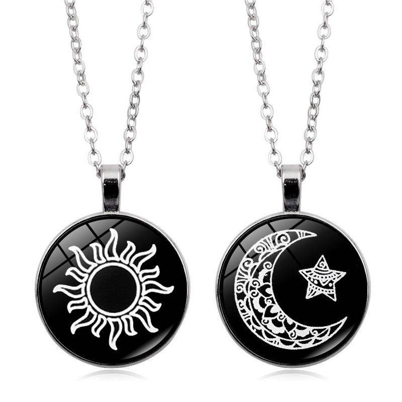 Stock 2Pcs Luminous Sun Moon Lover Time Gemstone Pendant Necklace Women ...