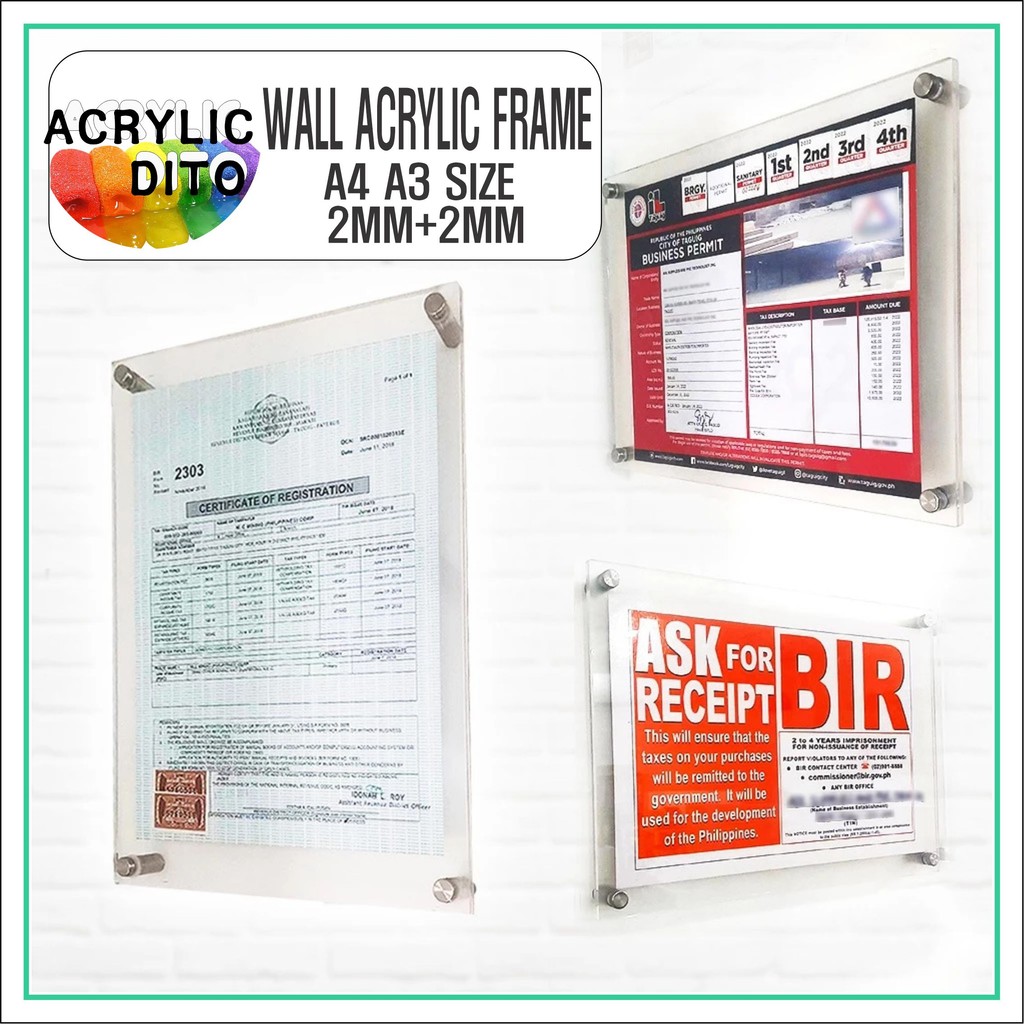 A4 A3 Size Wall Acrylic Frame / Office Business Permit Certificate ...