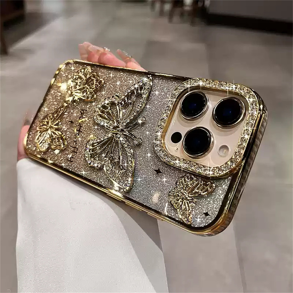 Glitter Butterfly Phone Case for iPhone 16 Pro Max Luxury Bling Diamond Transparent Plating ...