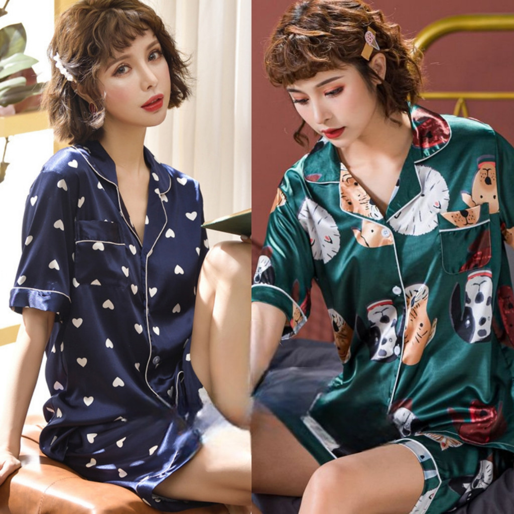 Korean Silk Terno Printed Sleepwear Nightwear Short Sleeves set Pajama ...
