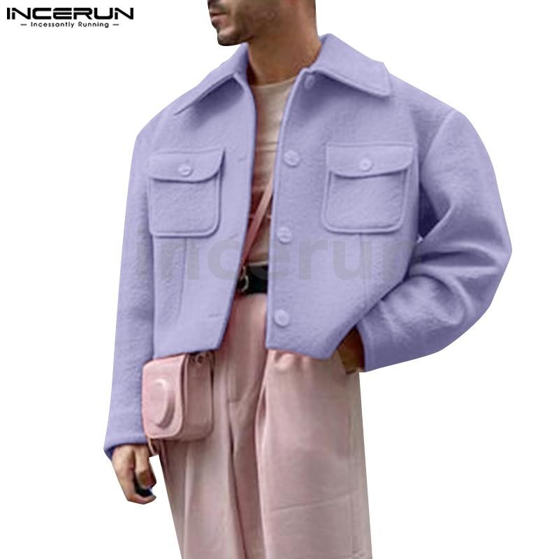 INCERUN Men Vintage Casual Lapel Long Sleeve Solid Color Short Jackets ...