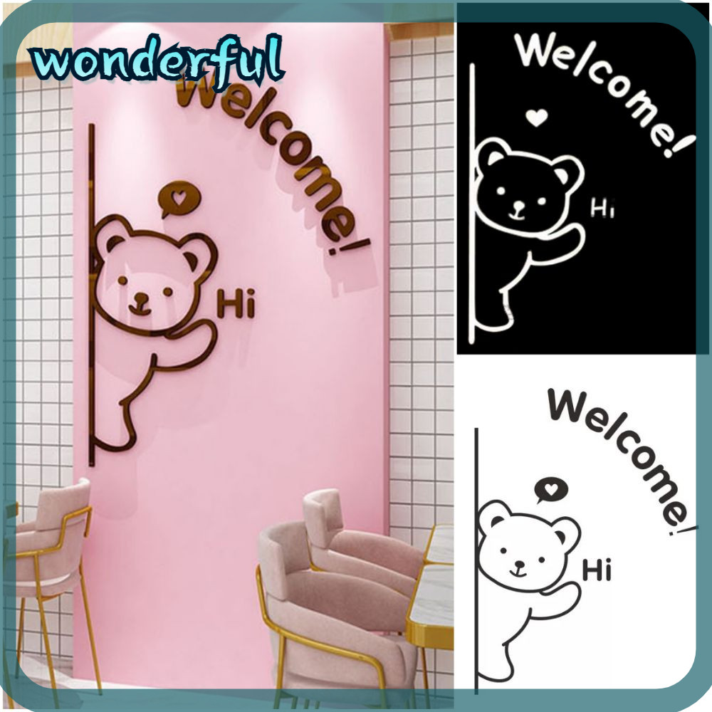 WONDER Welcome Wall Stickers, Black White Cartoon Bear Door Decals ...