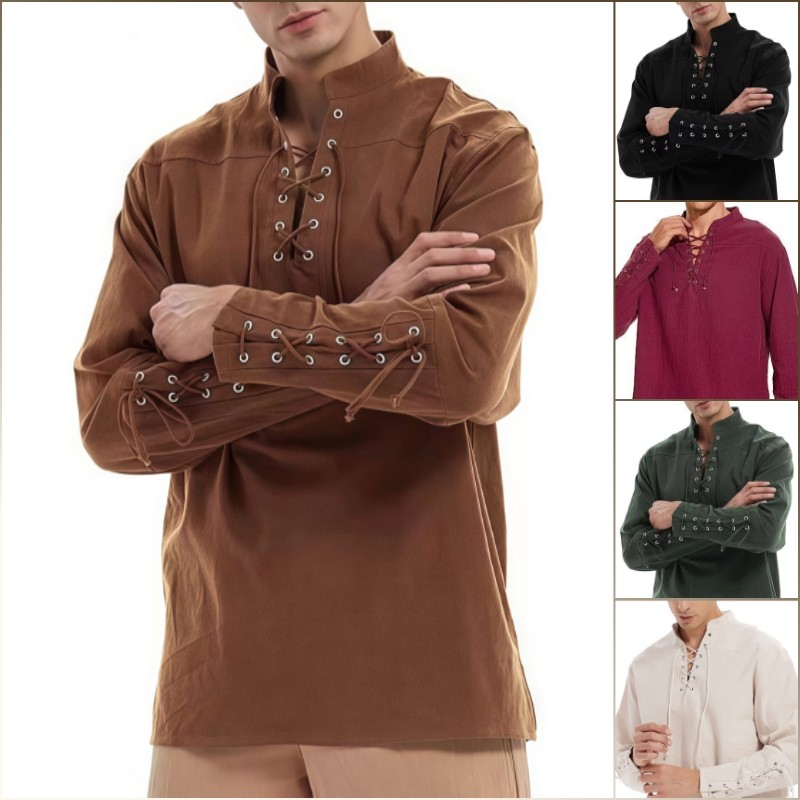 Men's Cotton Linen Shirt Drawstring Arm Banded Tops Long Sleeved Halloween Costume Medieval ...