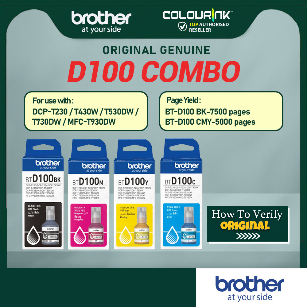 Brother D100 Black Cyan Magenta Yellow Refill Ink Bottle for T230 T430W ...