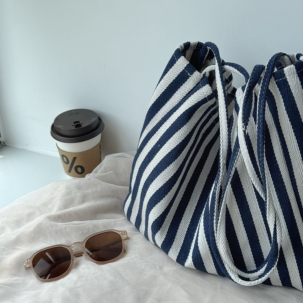 Korean Indie Style Stripe Canvas Tote Bag Vintage Artsy Single Shoulder ...