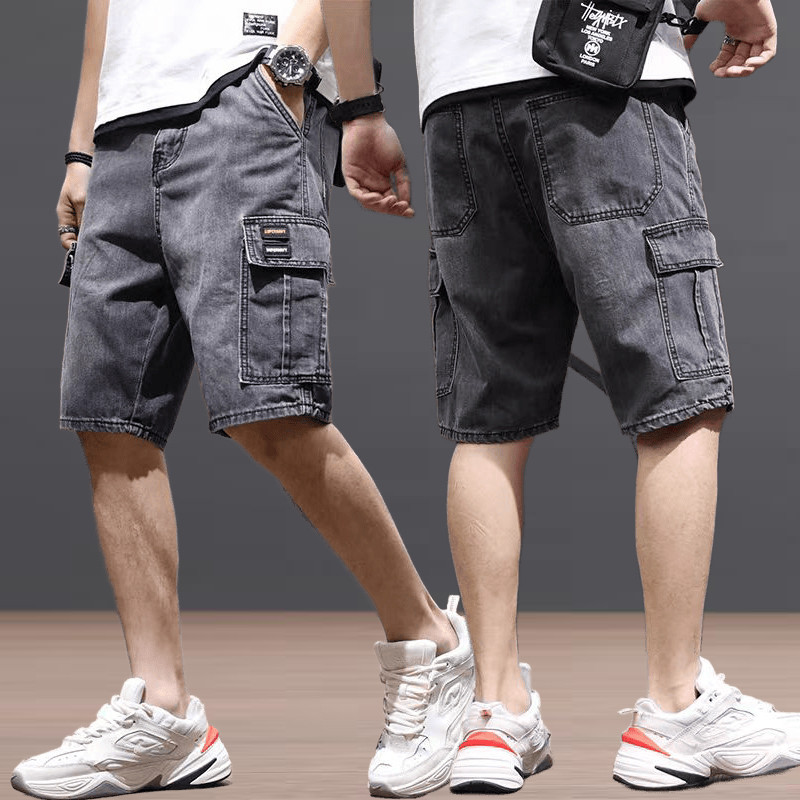 Loose Fit Jeans Short Pants for Men Multi-pocket Five-point Stretch ...