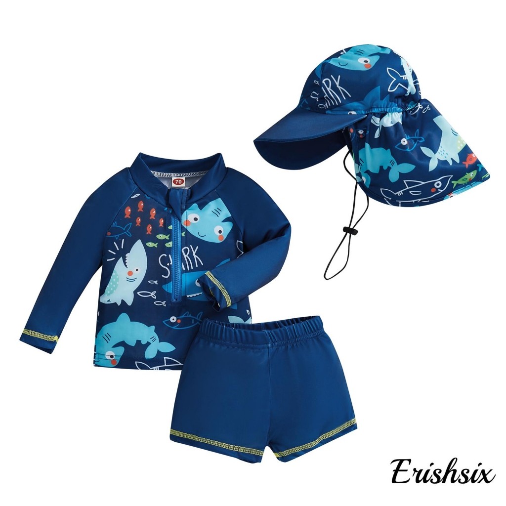 Baby Boy Bathing Suit Set 3Pcs Long Sleeve Zip Swimwear with Cartoon ...