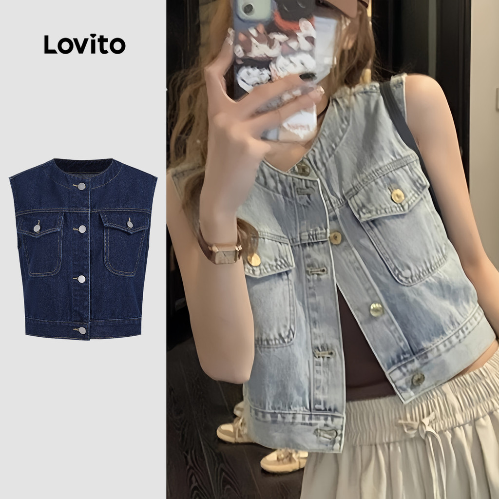 Lovito Women Casual Plain Button Front Pocket Denim Jacket LNM67109 ...