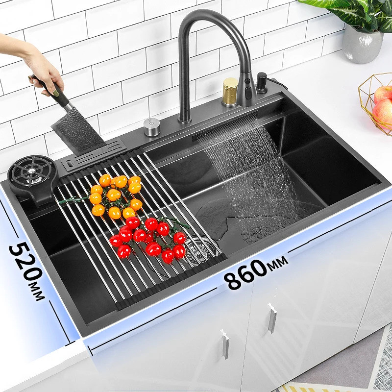 Stainless Steel Kitchen Sink Big Waterfall Sink Super Large Single-slot ...