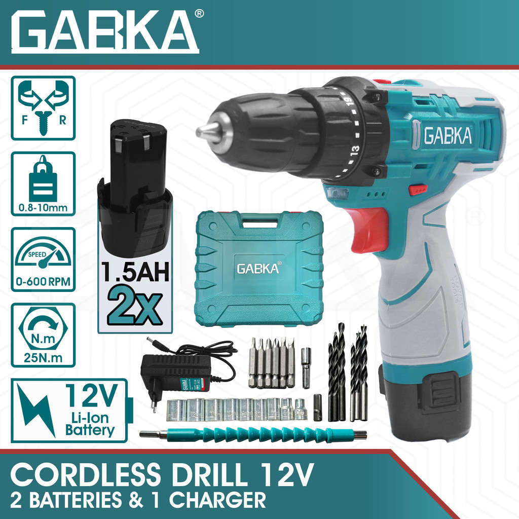 GABKA Cordless Drill 12V Set Heavy Duty Battery Rechargeable 2 Speed ...