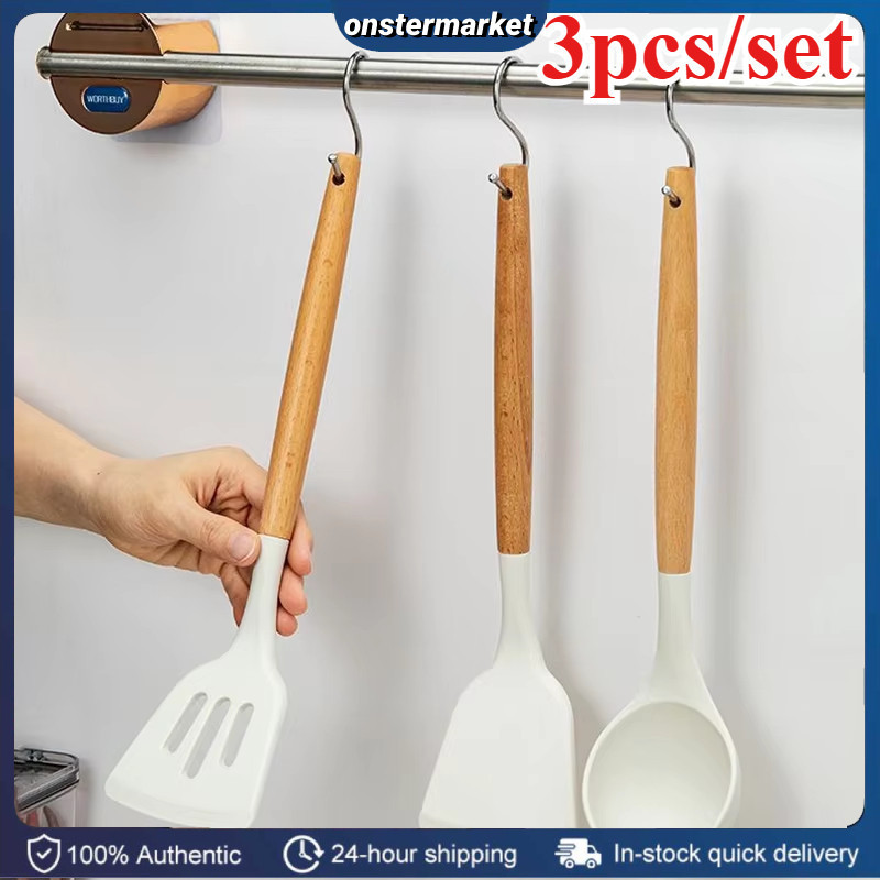 3pcs/set Silicone Wooden Kitchen Utensils Shovel &Soup Spoon Non Stick ...