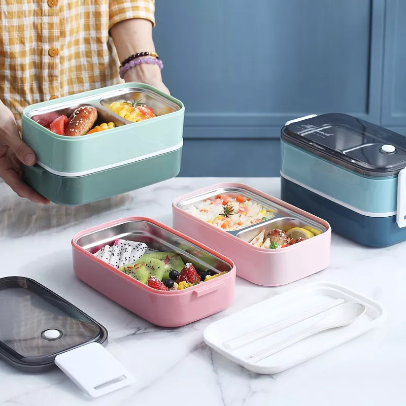 Double-layer Bento Box Japanese-style Leakproof Lunch Boxes Sealed Multi-Compartment Bento Box ...
