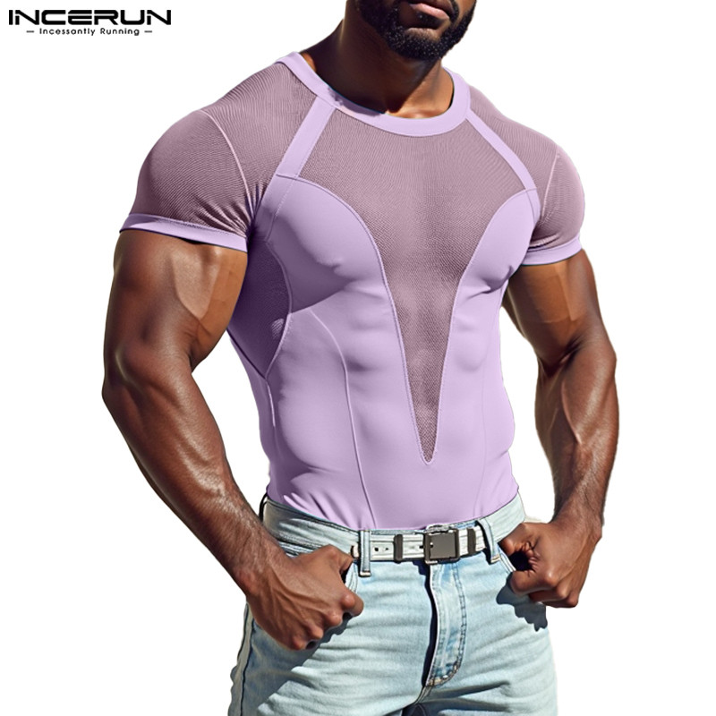 INCERUN Men Vintage Fashion Mesh Splicing Tight Stretch Breathable ...