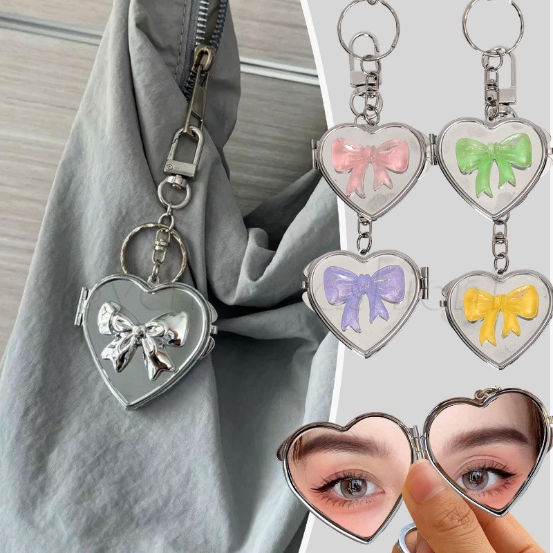 Y2K Heart Shape Bow Folding Mirror Keychain - Sweet, Trendy, Fashion ...