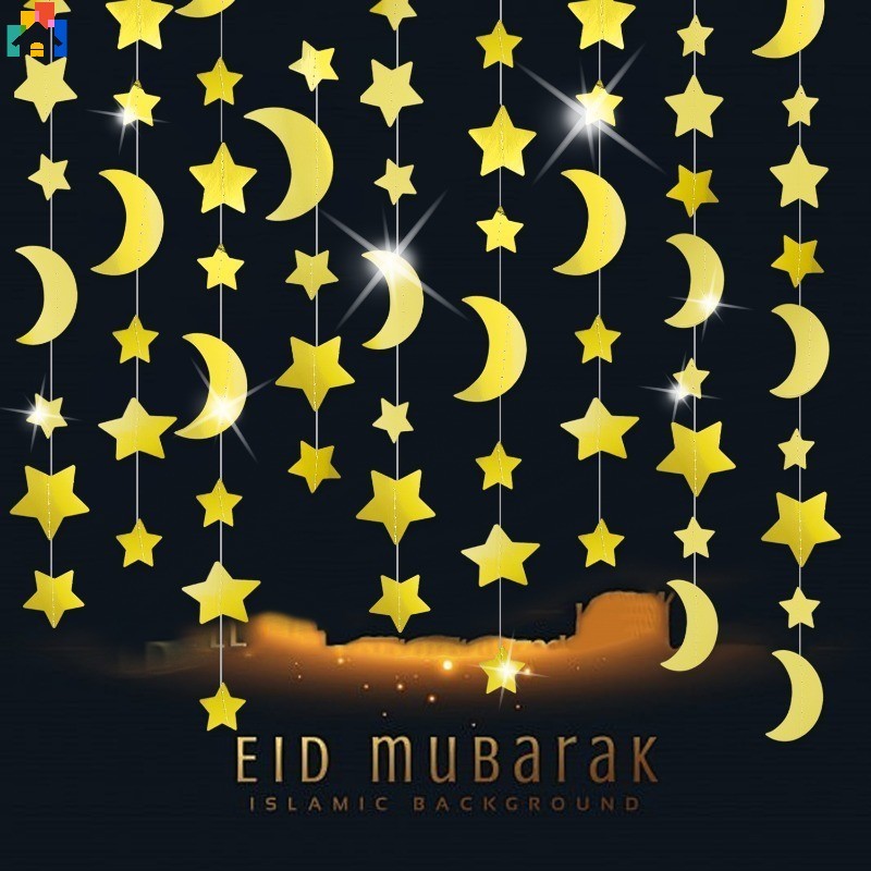 2/4M Gold Star Moon Eid Mubarak Paper Bunting Garland Ramadan Streamer ...