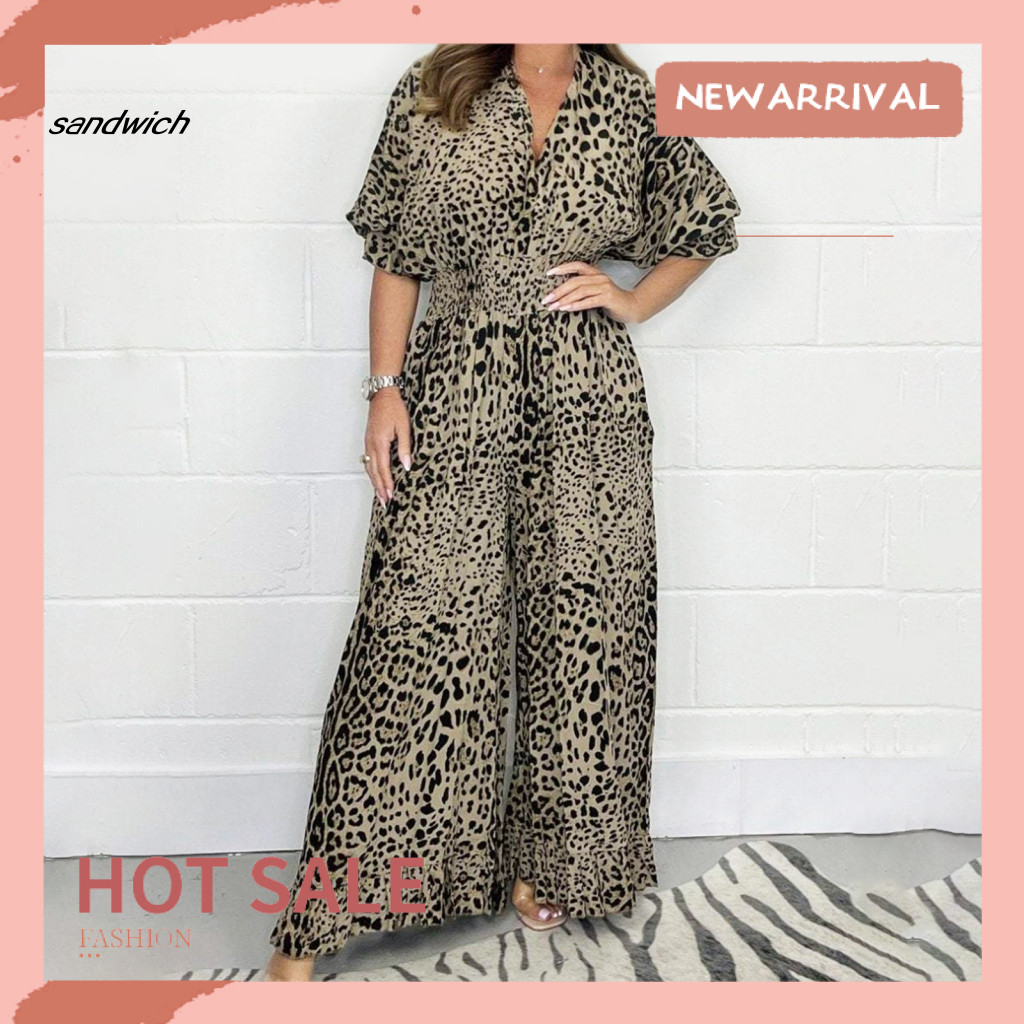 SAND Women Leopard Print Jumpsuit Leopard Print Wide Leg V Neck ...