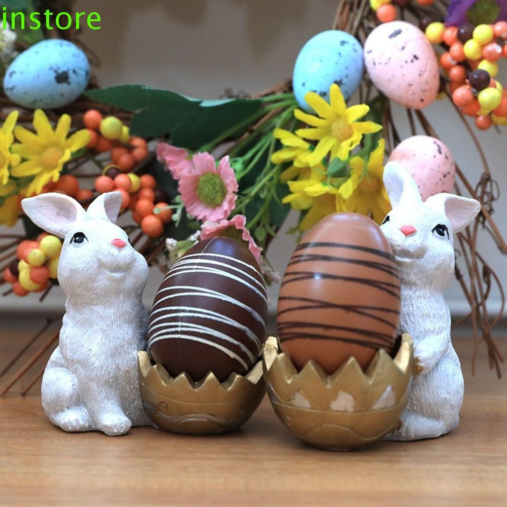 INSTORE 2pcs Easter Eggshell Rabbit Figurine, Resin Cartoon Bunny ...