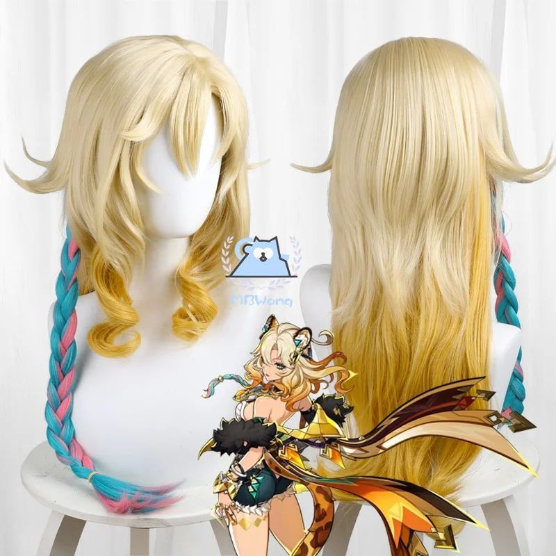 Genshin Impact Xilonen Cosplay Wig Golden Yellow Long Hair Pink Blue ...