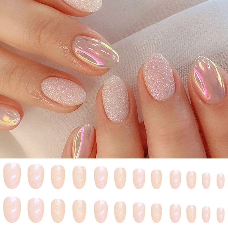 24pcs Long Almond False Nails French Manicure With Gold Edge Press on ...