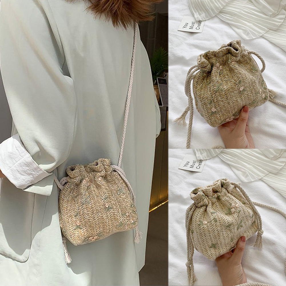 COD Mini Fashion Drawstring Woven Bucket Bag Embroidered Flowers ...