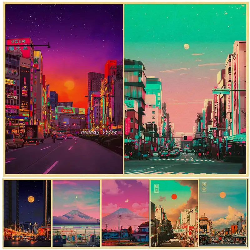 Magical Japan Travel City At Night Posters Vintage Aesthetic Kraft ...