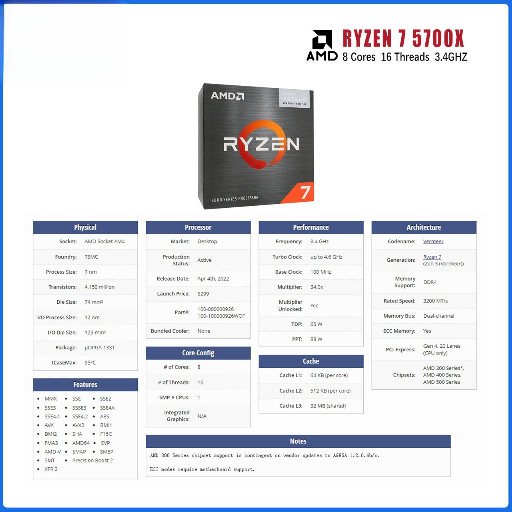 AMD Ryzen 7 5700X 5700X3D 3.4GHz 8-Core 16-Thread 65W Socket AM4 CPU Processor Tray Type ...