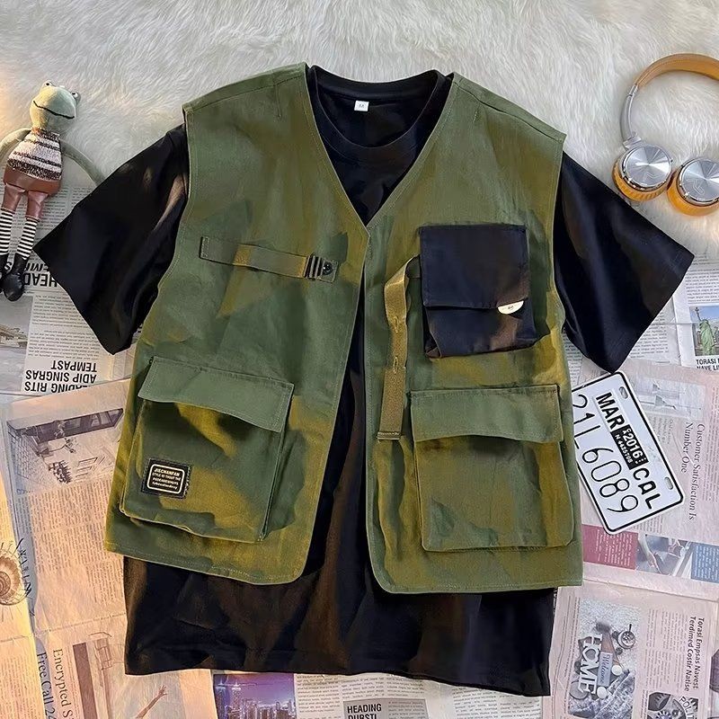 Japanese Multi-Pocket Tooling Vest Men's Trendy Stitching Tactical Vest ...