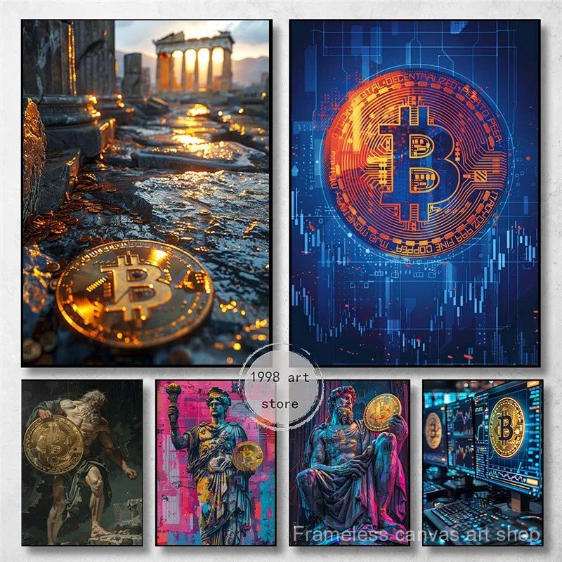 Modern The Creation of Bitcoin Crypto Greek God Portrait Art Poster ...