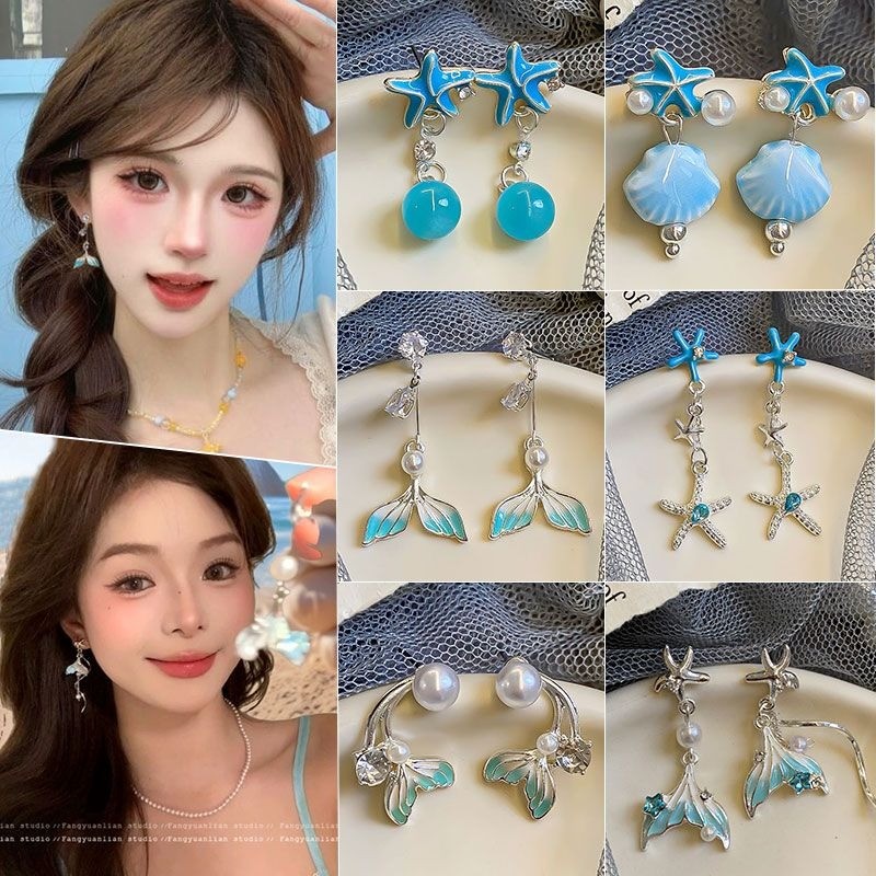 Blue Shell Imitation Pearl Earrings 2025 New Style Summer Fishtail ...