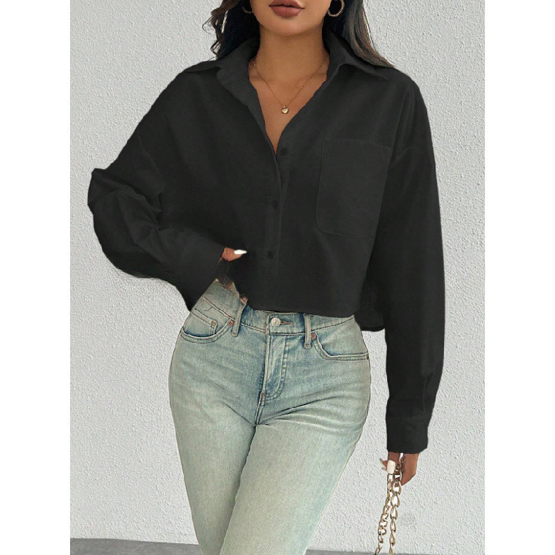 Solid Color Loose Drop Shoulder Long Sleeve Short Casual Shirt with ...