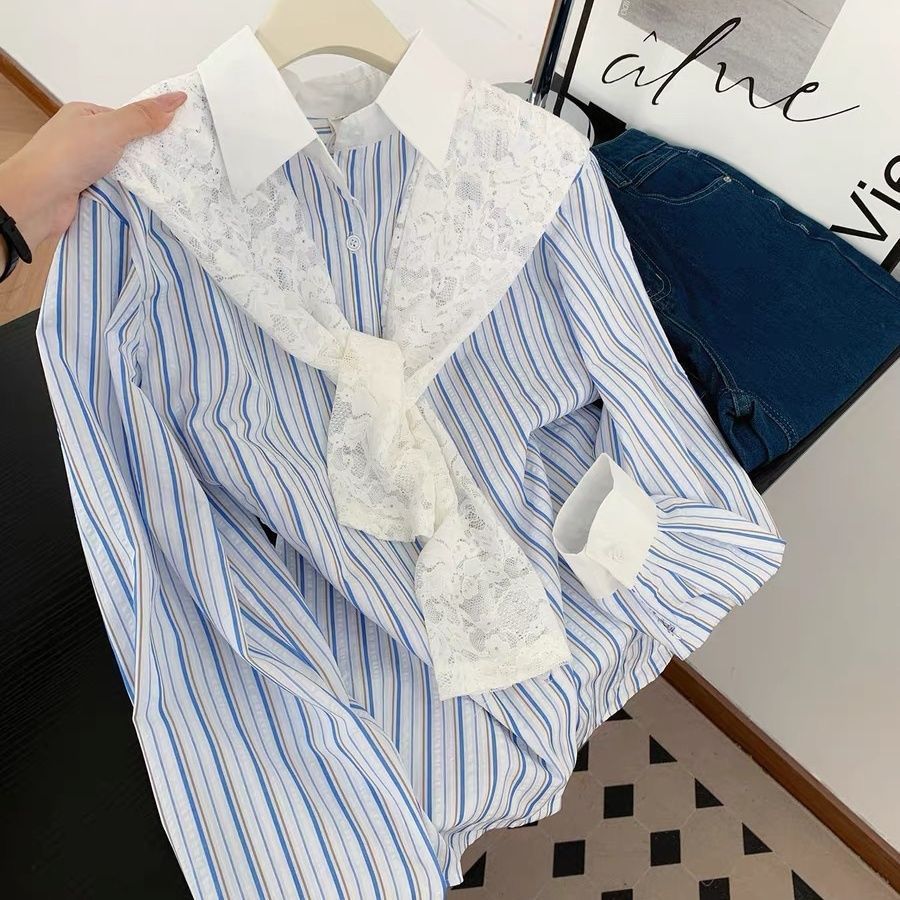 Striped Stitching POLO Collar Long Sleeve Shirt Lace Shawl Top | Shopee ...