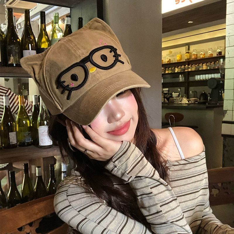 Cute Cartoon Cat Ears Baseball Cap Female Summer Wide Brim Sweet Face ...