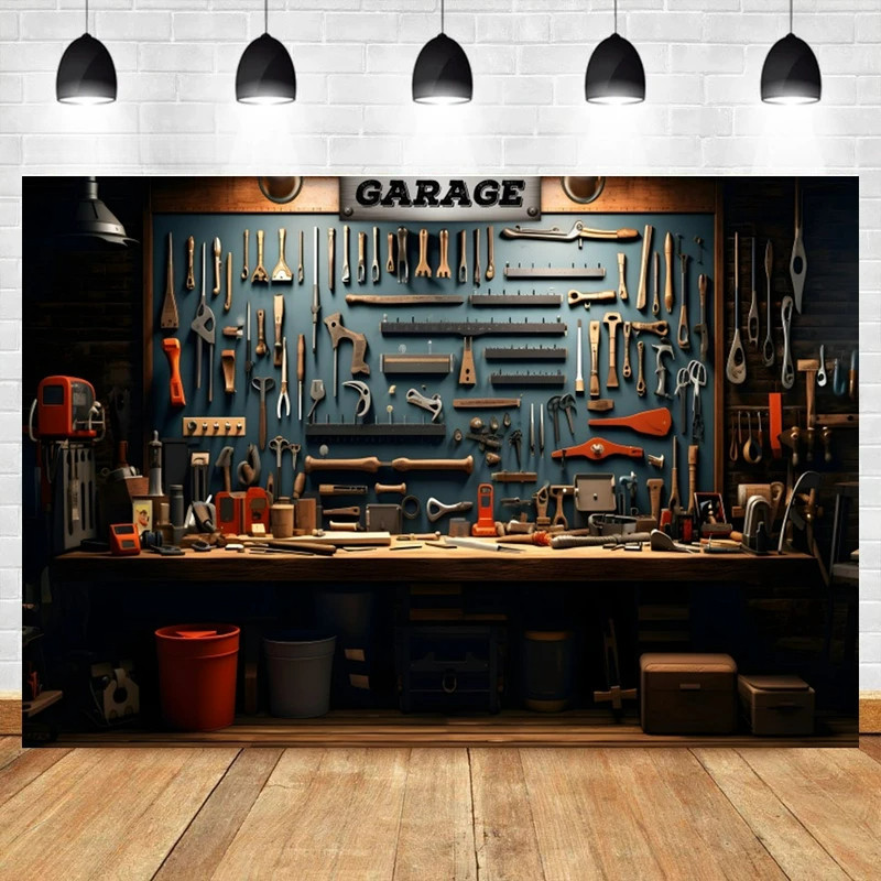 Vintage Garage Backdrop Car Repair Tools Wood Wall Workshop Warehouse ...