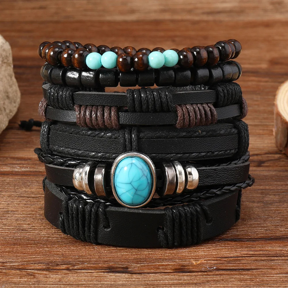 Vintage Ethnic Style Braided Leather Men’s Bracelets Lace-up Turquoise ...