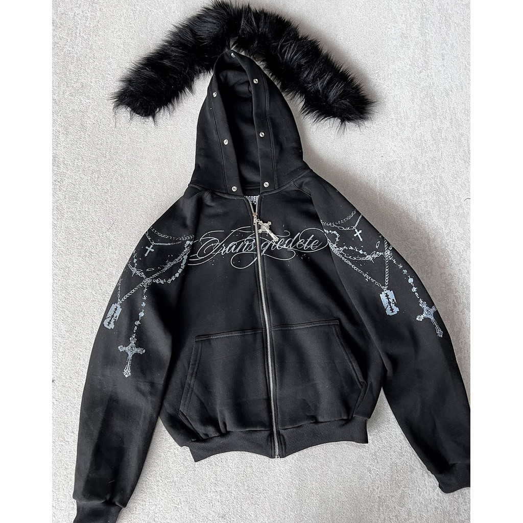Y2K Fashion New Hip-hop Fashion Hooded Jacket with Detachable Fur ...