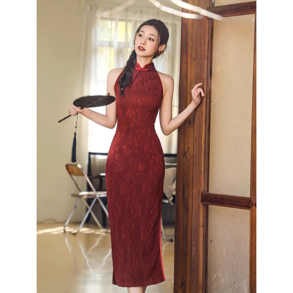 Sleeveless Halter Cheongsam Female Summer Sexy Improved Young Girl Red ...