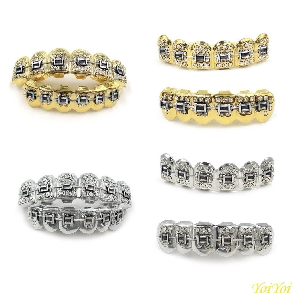 Yoi Trendy Gold/Silver Teeth Brace Set with Diamonds Top & Bottom Grill ...