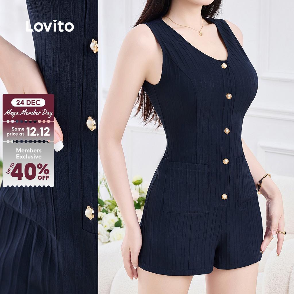 Lovito Women Casual Jumpsuit Pocket Spring/summer Dark Blue Jumpsuit ...