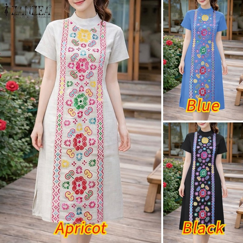 ZANZEA Women Korean Vintage Ethnic Style Stand Neck Short Sleeve Floral ...