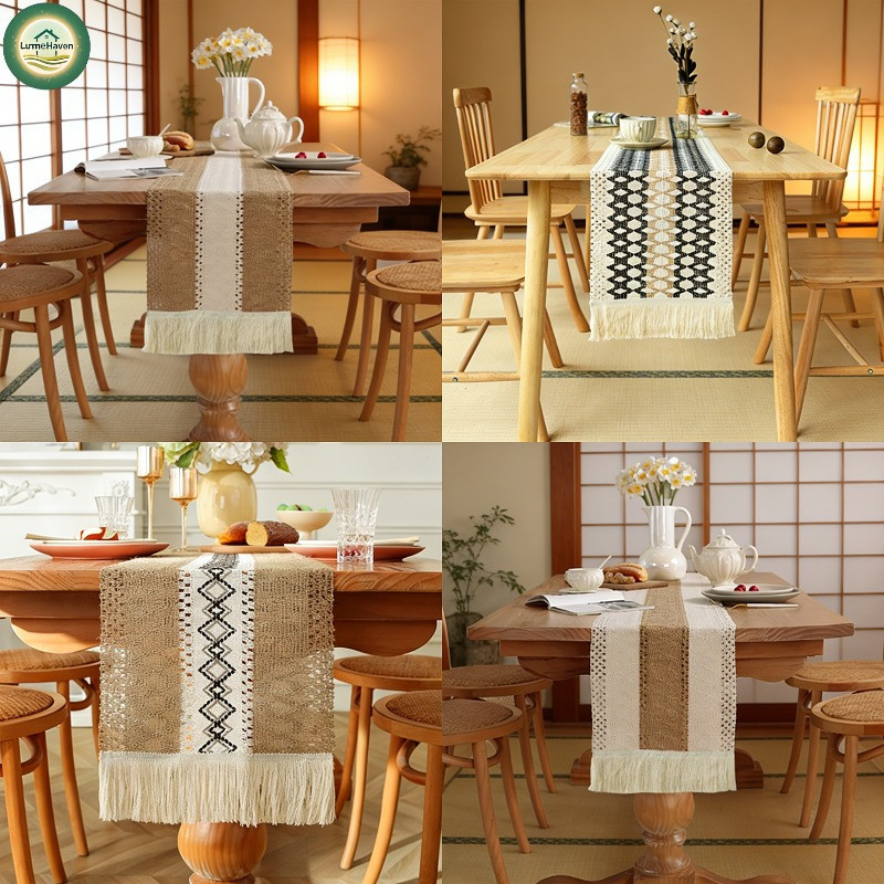Boho Style Party Table Runner Cotton and Linen Fringed Corners Stain ...