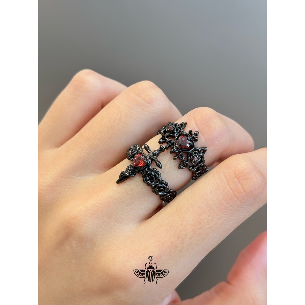 Gothic Dark-Style Cross & Heart Red Crystal Ring - Edgy Statement Band ...