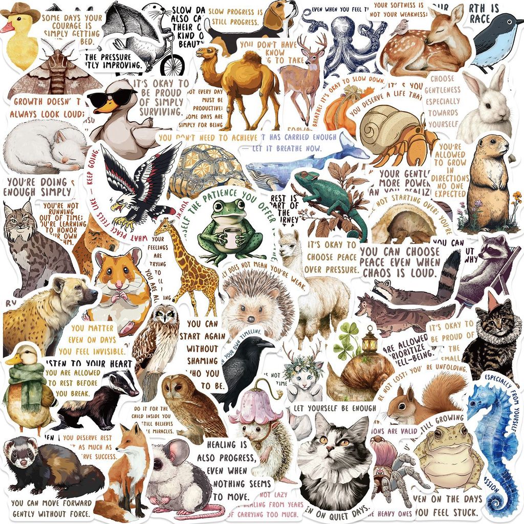 50pcs Retro Cartoon Animals Stickers with Inspirational Quotes for DIY ...