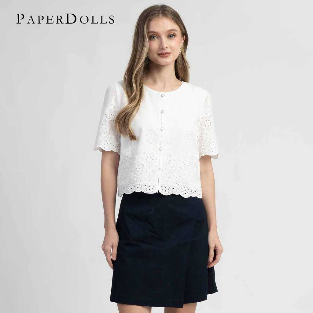Paperdolls Aliah Eyelet Button-Up Navy Collared Top | Shopee Philippines