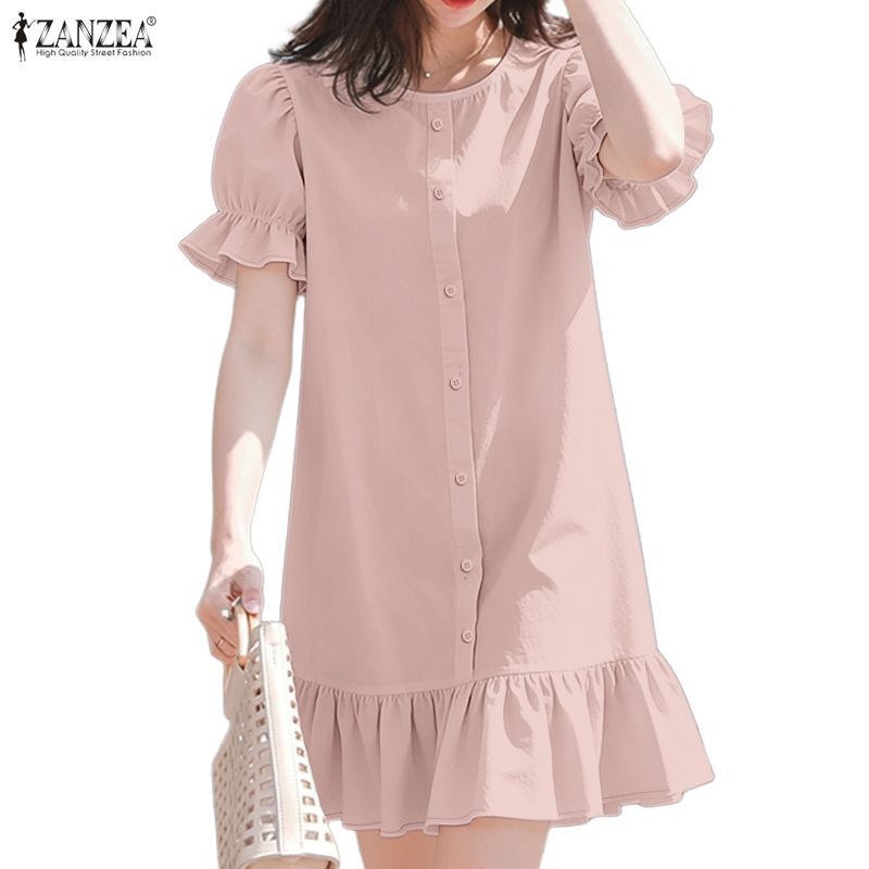 ZANZEA Women's Korean Daily Solid Color Round Neck Puff Sleeves Ruffled ...