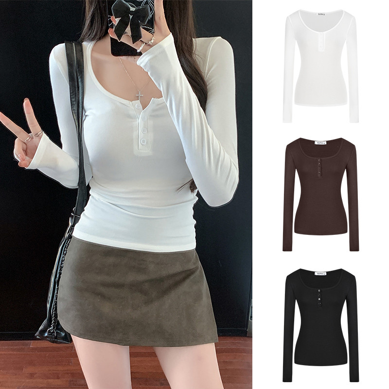 Women's Autumn U-Neck Fitted Half-Open Neck Long-Sleeve T-Shirt Top ...