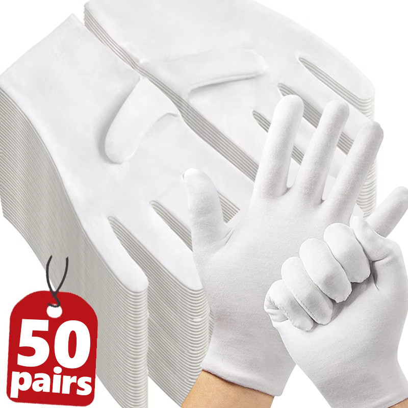 10-50Pairs Reusable White Cotton Gloves - High Stretch Breathable Work ...