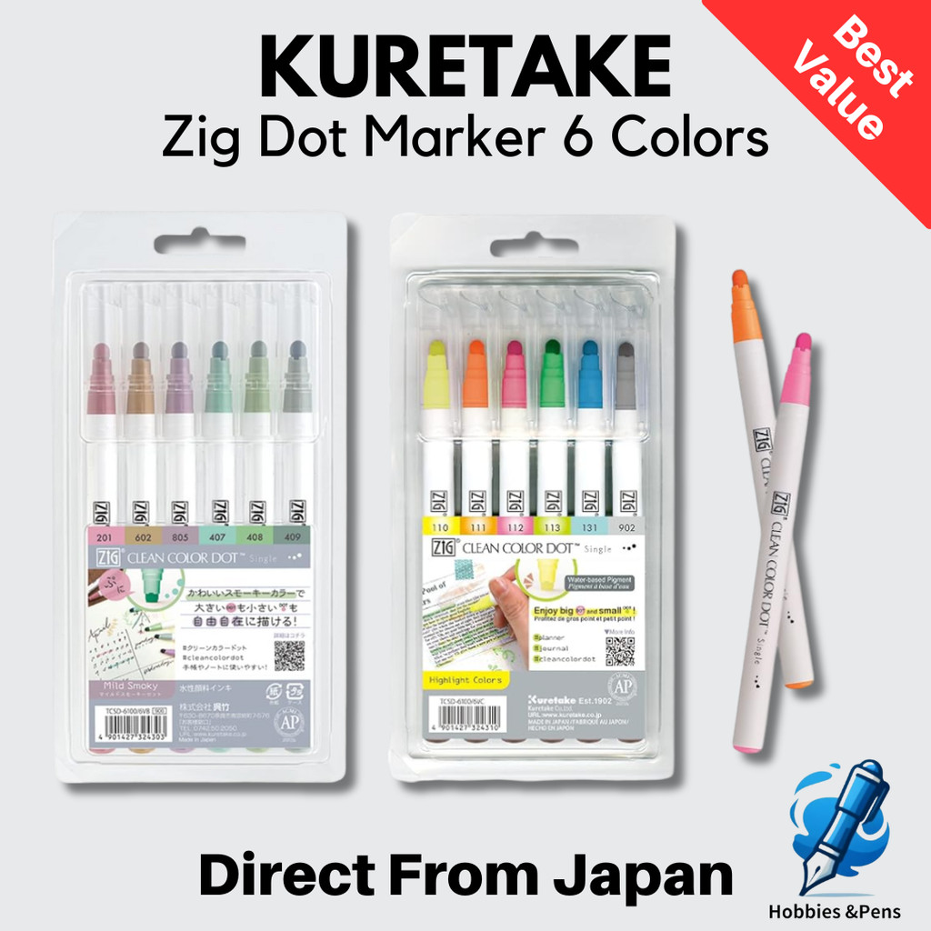 Kuretake Zig Clean Dot Marker 6 Color Set Mild Smoky Highlight School ...