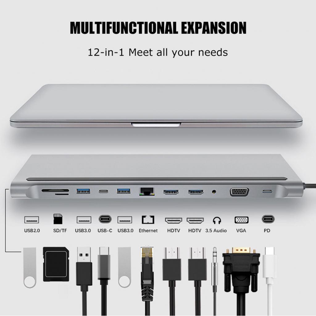 skill 12 in 1 Type C Laptop Docking Station with 2 USB3.0 USB2.0 VGA PD ...