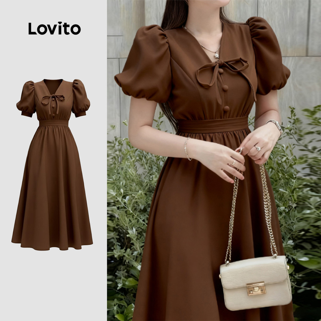 Lovito Women Vintage Dress Zipper Spring/summer Brown Dress LK2ED160 ...