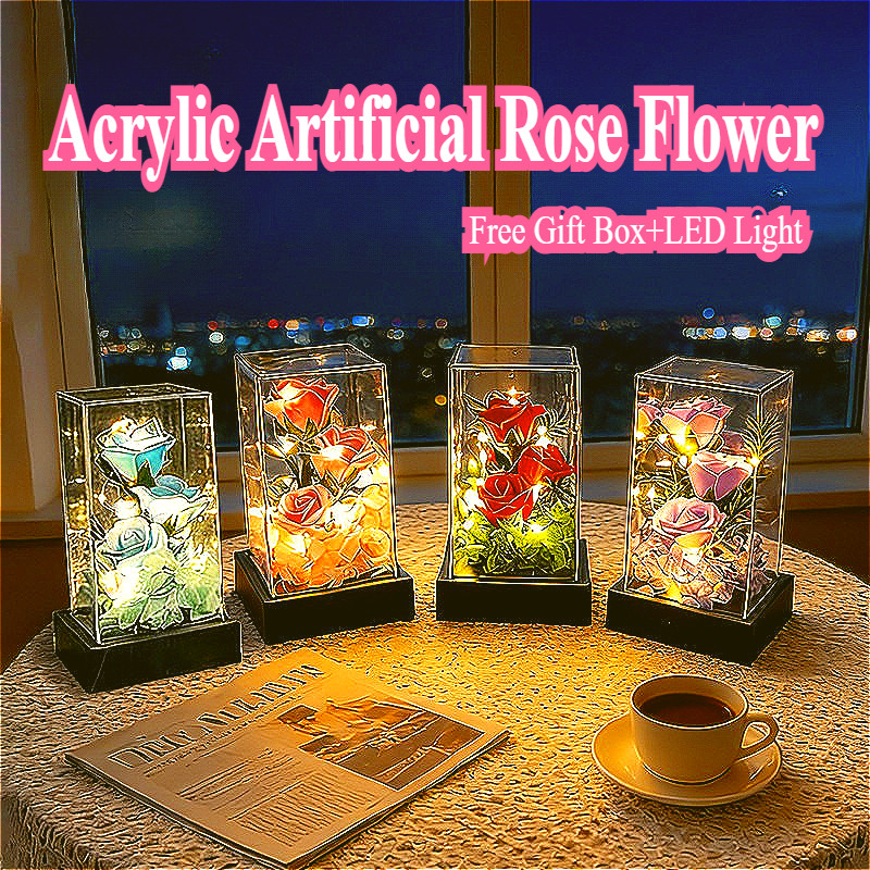 Acrylic Artificial Rose Flower Eternal Bouquet with LED Light Gift Box ...